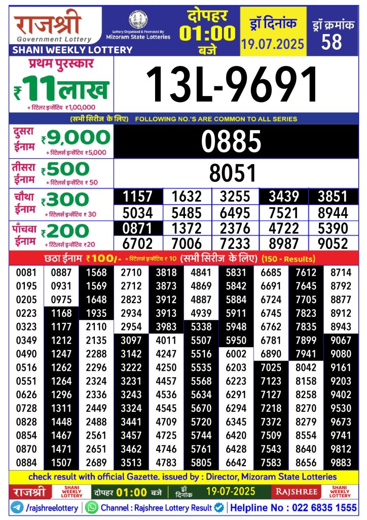 Rajshree Lottery 1PM 19.07.2025